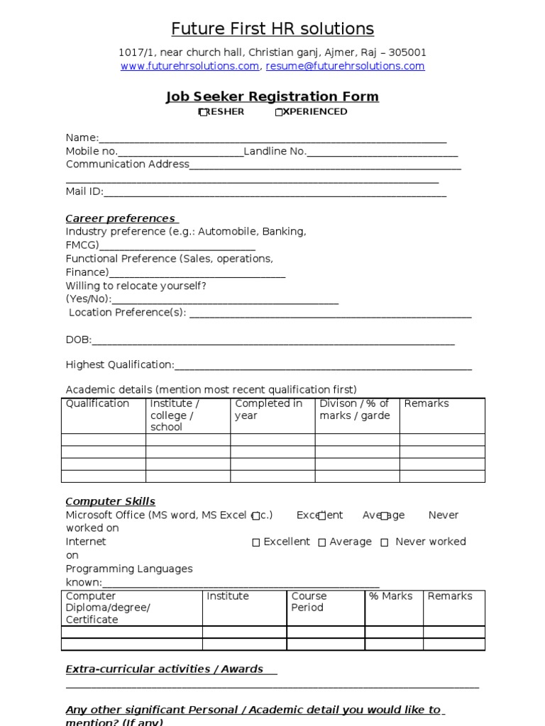 Future First Job Seeker Registration Form | PDF | Business