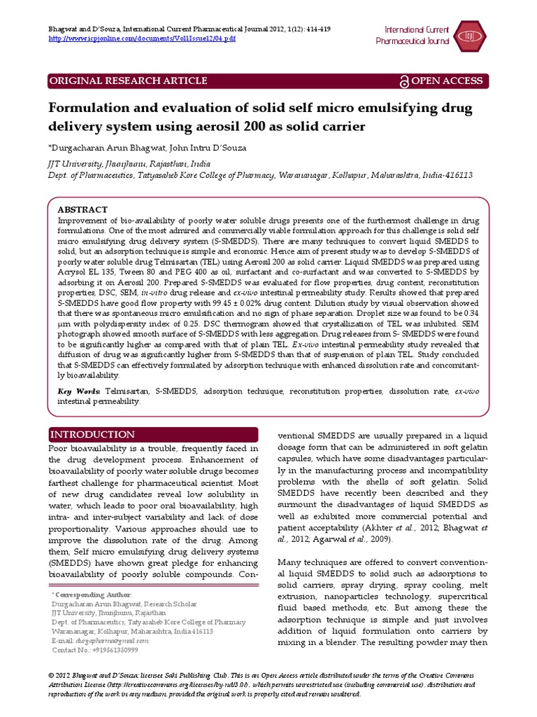 Formulation and Evaluation of Solid Self Micro Emulsifying Drug Delivery System Using Aerosil ...