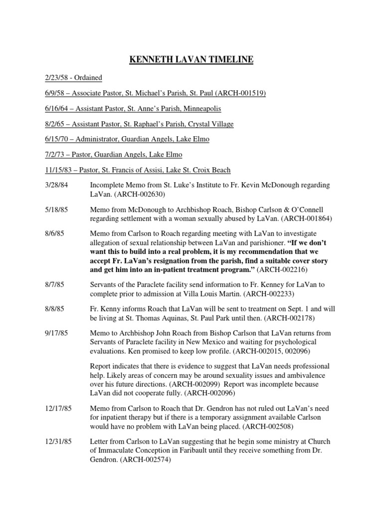 Kenneth Lavan Abuse Timeline | PDF | Catholic Church Sexual Abuse Cases ...