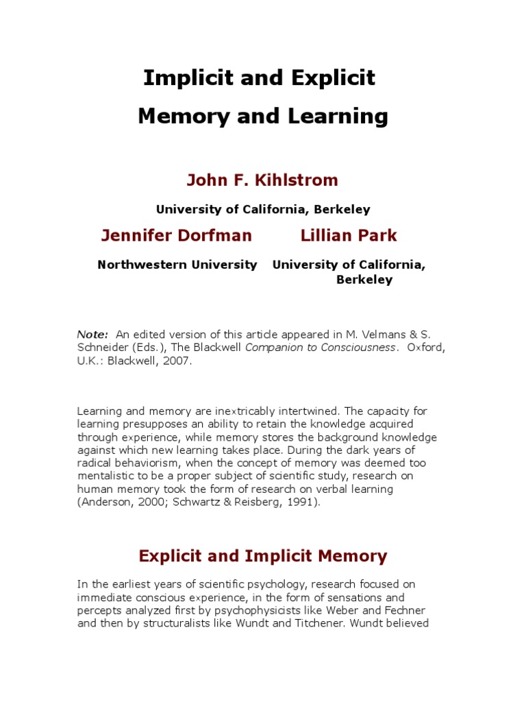 Implicit and Explicit | PDF | Priming (Psychology) | Amnesia