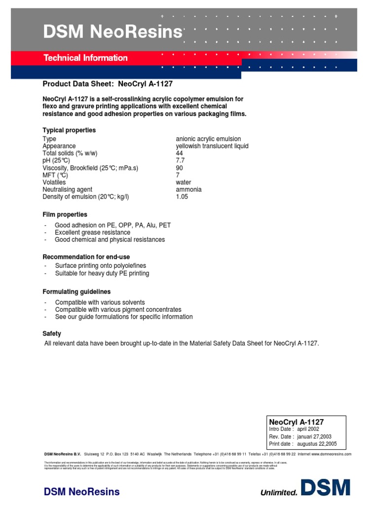 NeoCryl A-1127 pds | Chemical Substances | Materials