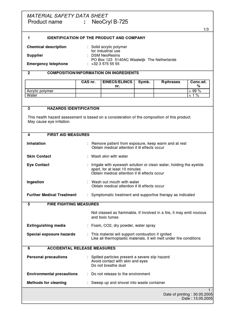 NeoCryl B-725 Msds | PDF | Dangerous Goods | Chemical Substances