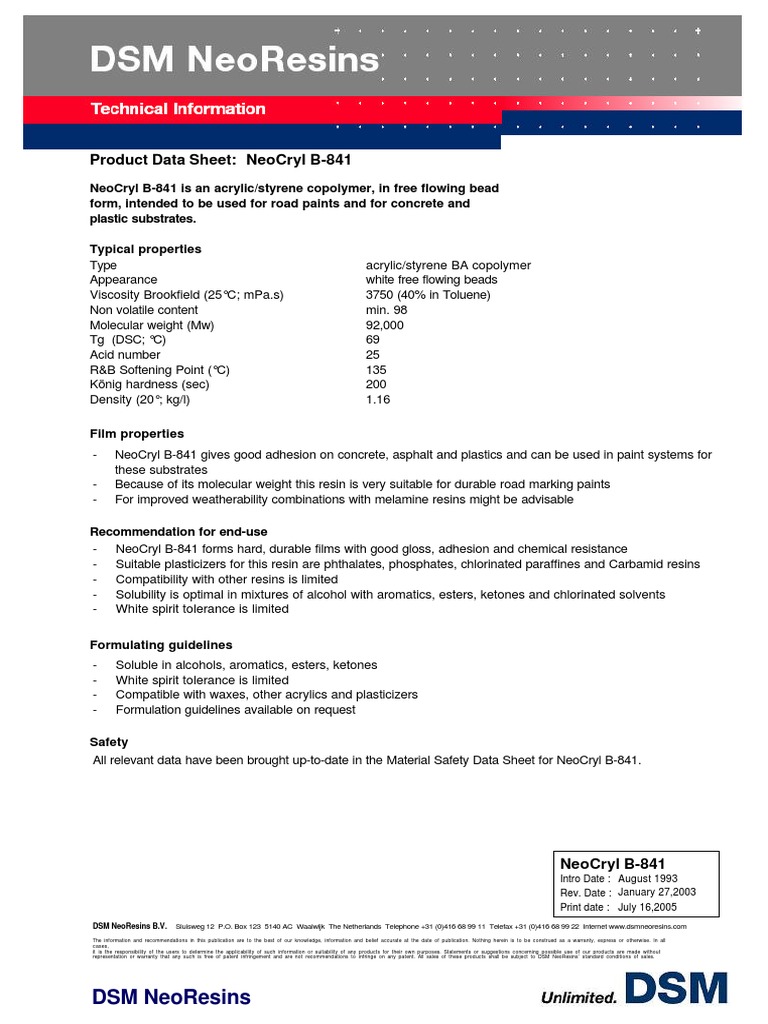 NeoCryl B-841 Pds | PDF | Resin | Paint