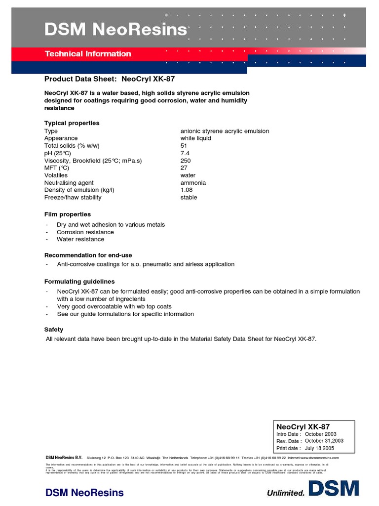 NeoCryl XK-87 Product Data Sheet | PDF | Home & Garden | Technology ...