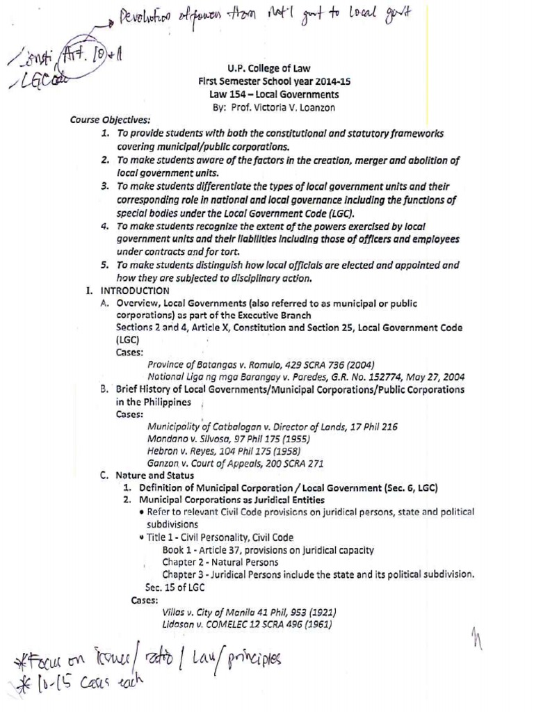 Syllabus - Law 154 Local Governments (Loanzon) | PDF