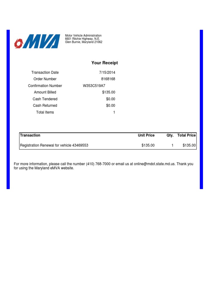 Your Receipt: Motor Vehicle Administration 6601 Ritchie Highway, N.E ...