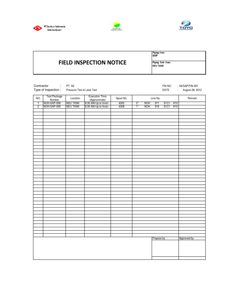 Field Inspection Notice: Contractor: Type of Inspection | PDF