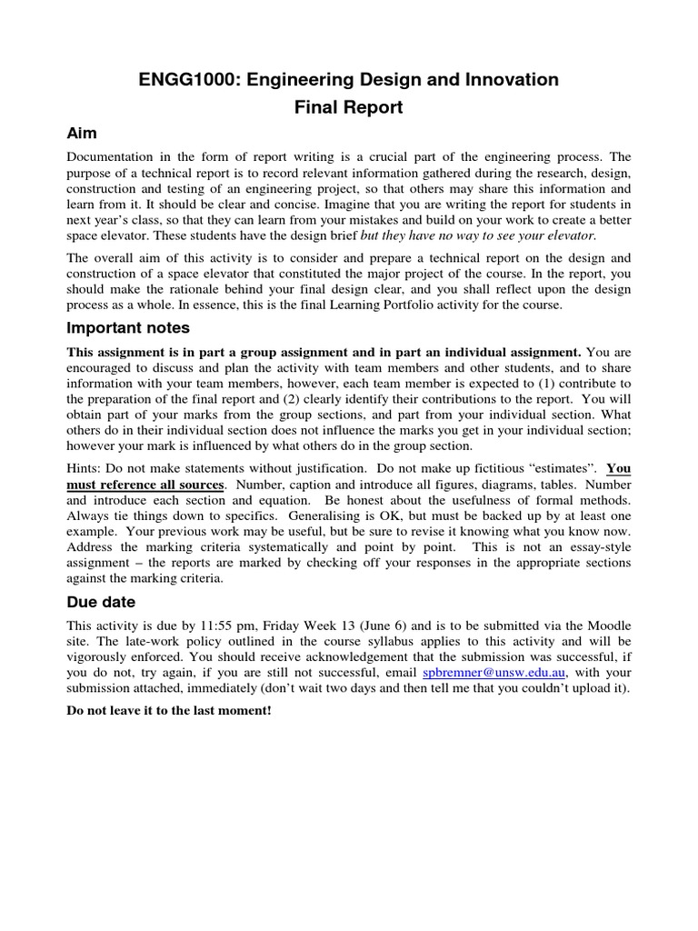 UNSW ENGG1000 Final Report Criteria 2014 | PDF | Prototype | Abstract ...