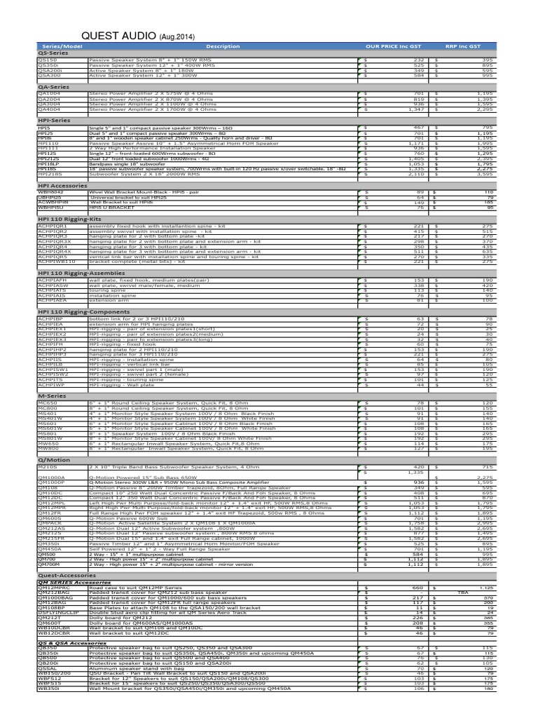 Quest Price List Aug 14 | PDF | Loudspeaker | Sound Production Technology