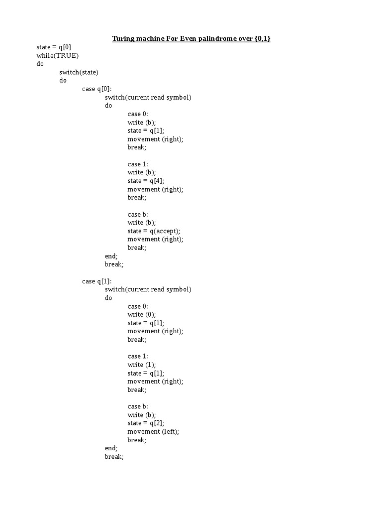 Turing Machine for Even Palindromes | PDF