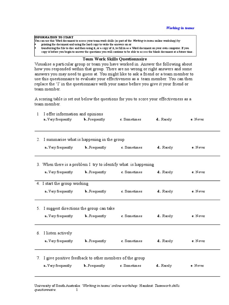 Team Work Skills Questionnaire | PDF | Cognition | Communication