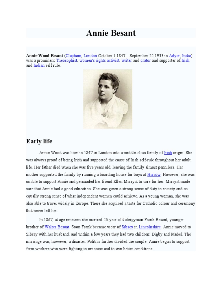 Annie Besant: Early Life | PDF