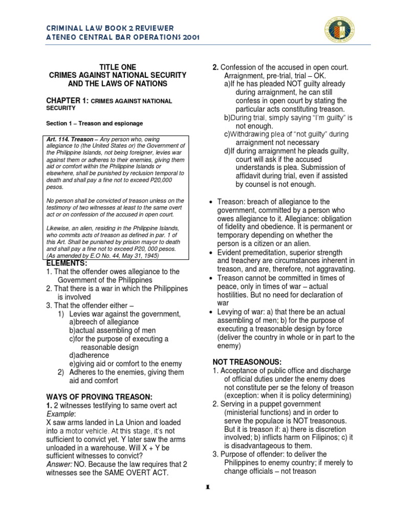 Criminal Law Book 2 Ateneo Reviewer | Download Free PDF | Treason ...