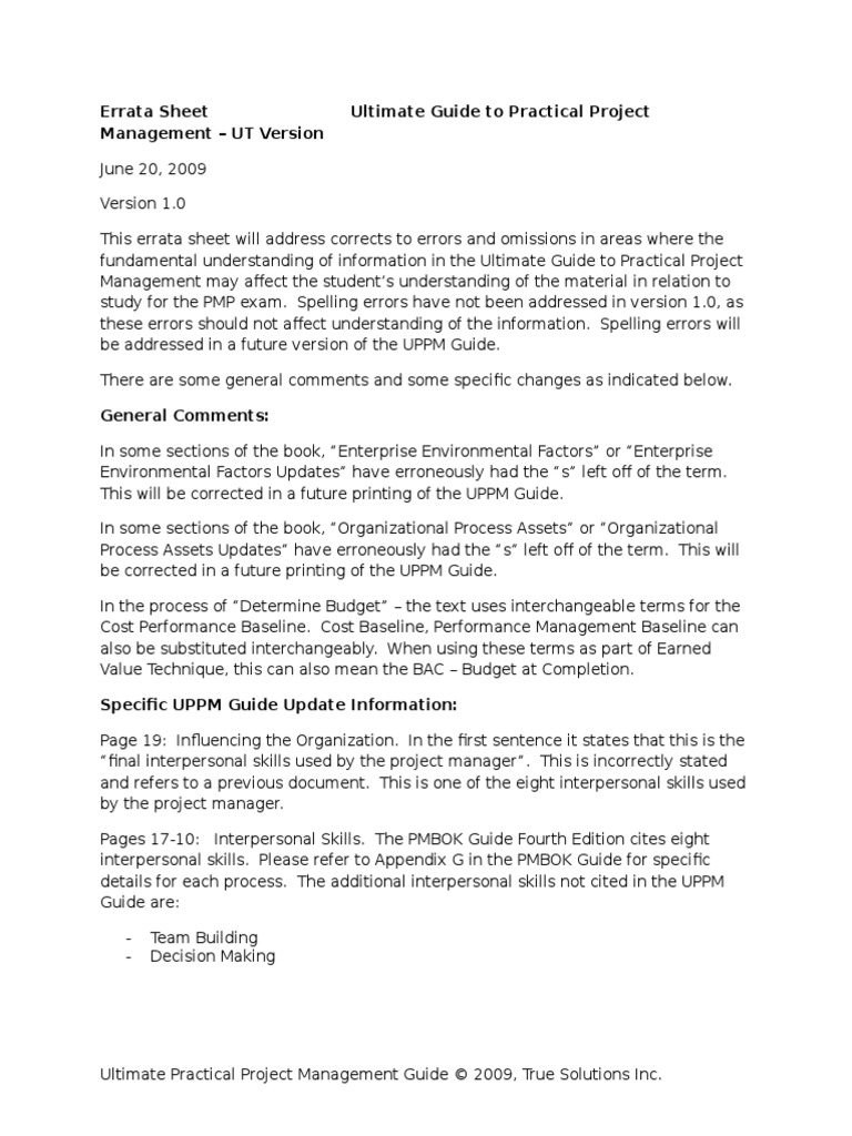 Errata Sheet-UPPM Guide 062009 | Download Free PDF | Project Management ...