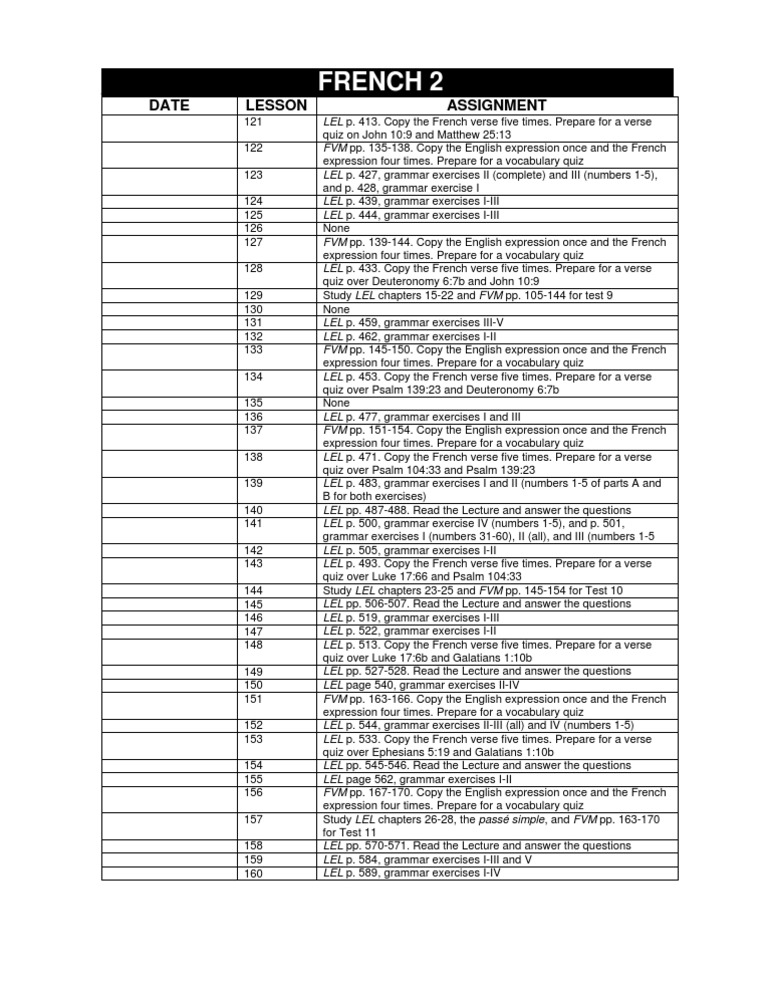 French 2 Lesson Assignments Overview | PDF | Foreign Language Studies | Art