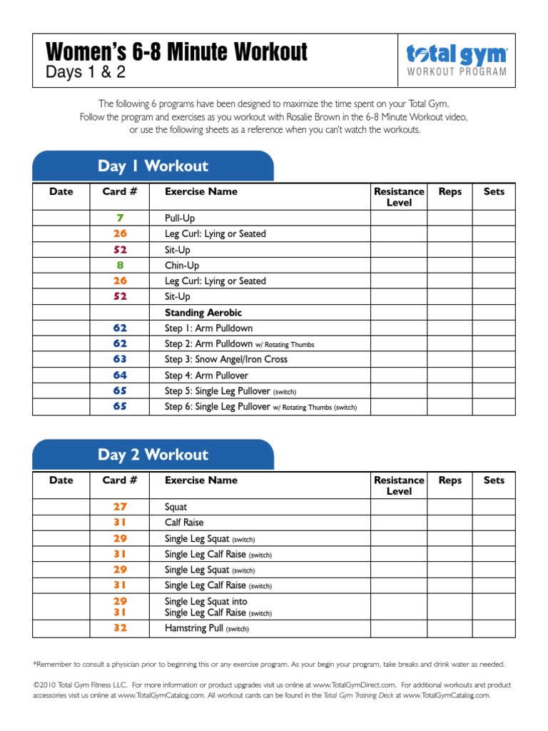 Total Gym Printable Workout Sheets Total Body Training Blueprint For
