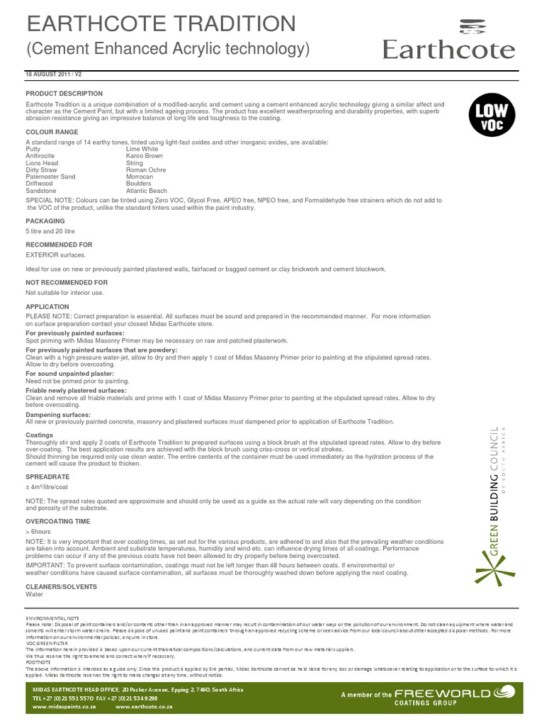 Earthcote Tradition Product Datasheet 4 July 2012 V3 | PDF | Paint ...