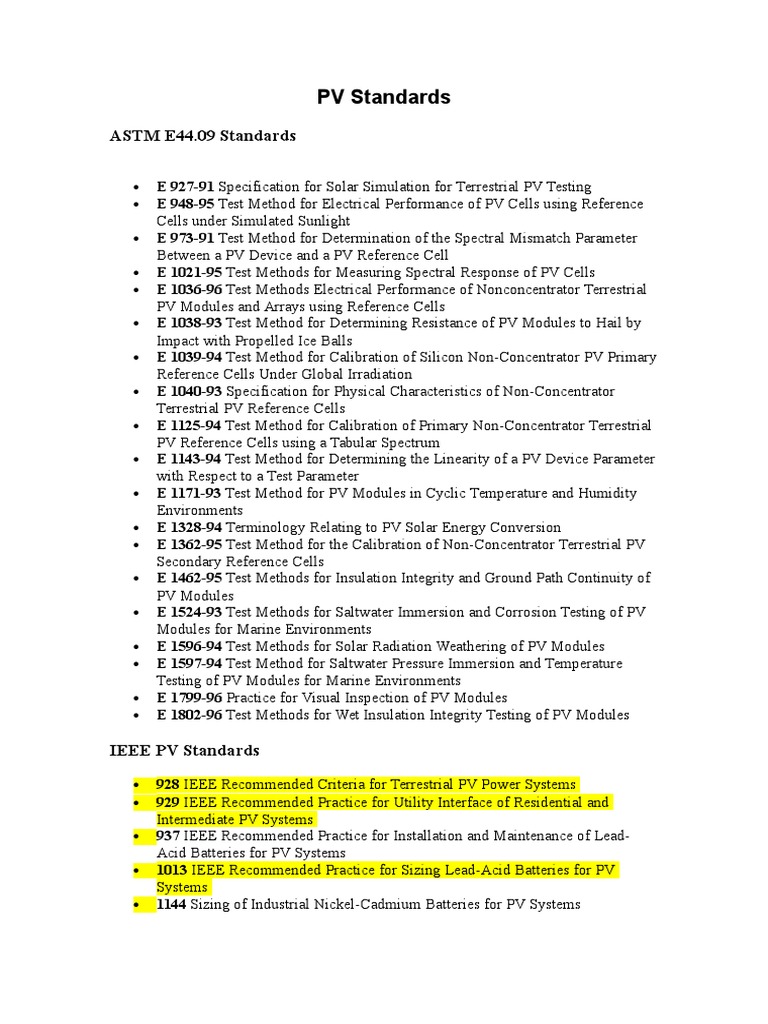 Comprehensive Listing of Photovoltaic Standards from ASTM, IEEE, IEC ...
