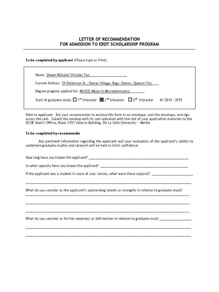 ERDT Scholarship Recommendation Letter | PDF | Discipline (Academia ...