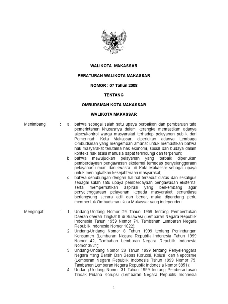 Perwali No 7 THN 2008 TTG Ombudsman Kota Makassar | PDF