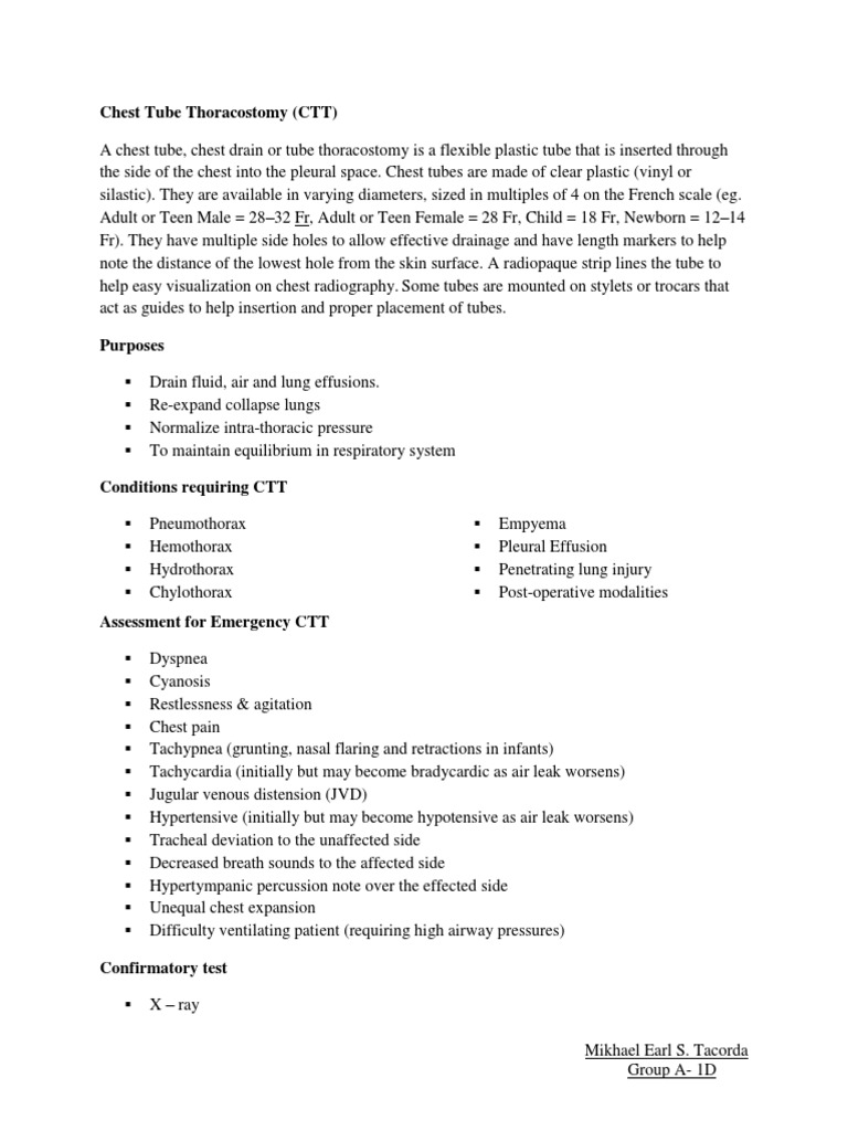 Chest Tube Thoracostomy (CTT): Insertion, Care, Problems | PDF ...