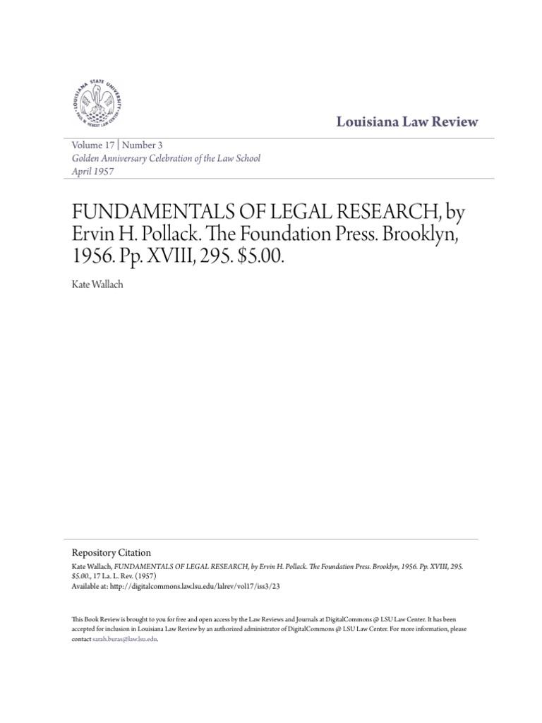 Fundamentals of Legal Research by Ervin H. Pollack. The Foundati ...