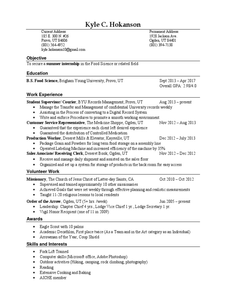 Kyle Hokanson Food Science Internship Resume | PDF