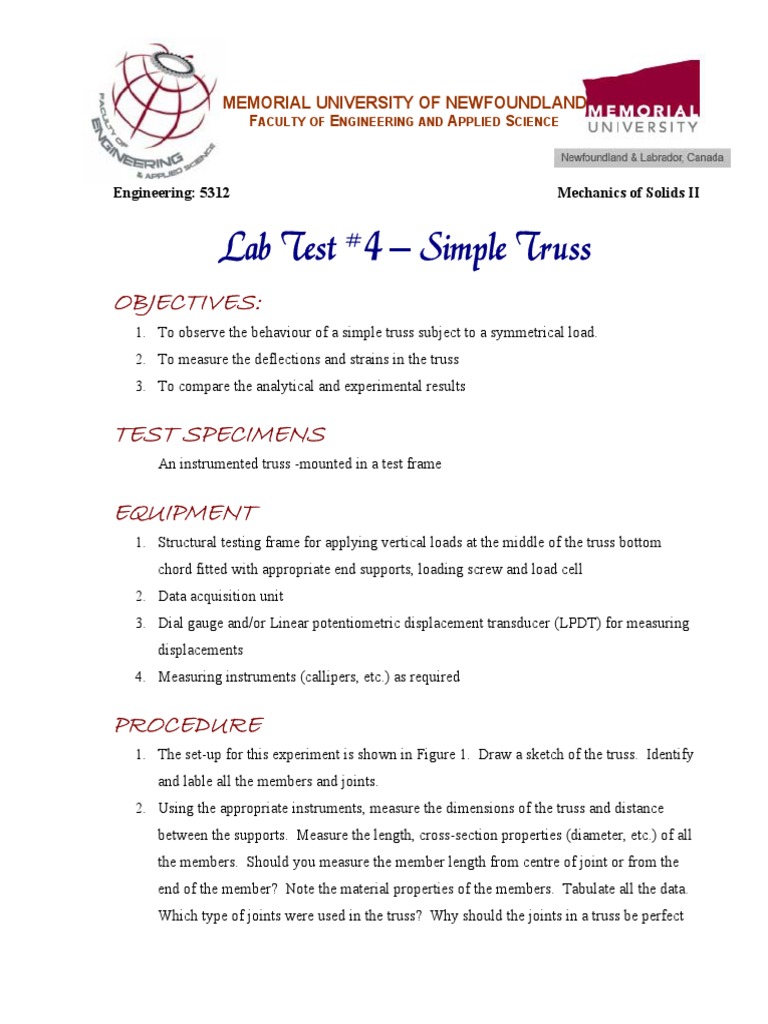 Lab Test #4 - Simple Truss: Objectives | PDF | Truss | Deformation ...