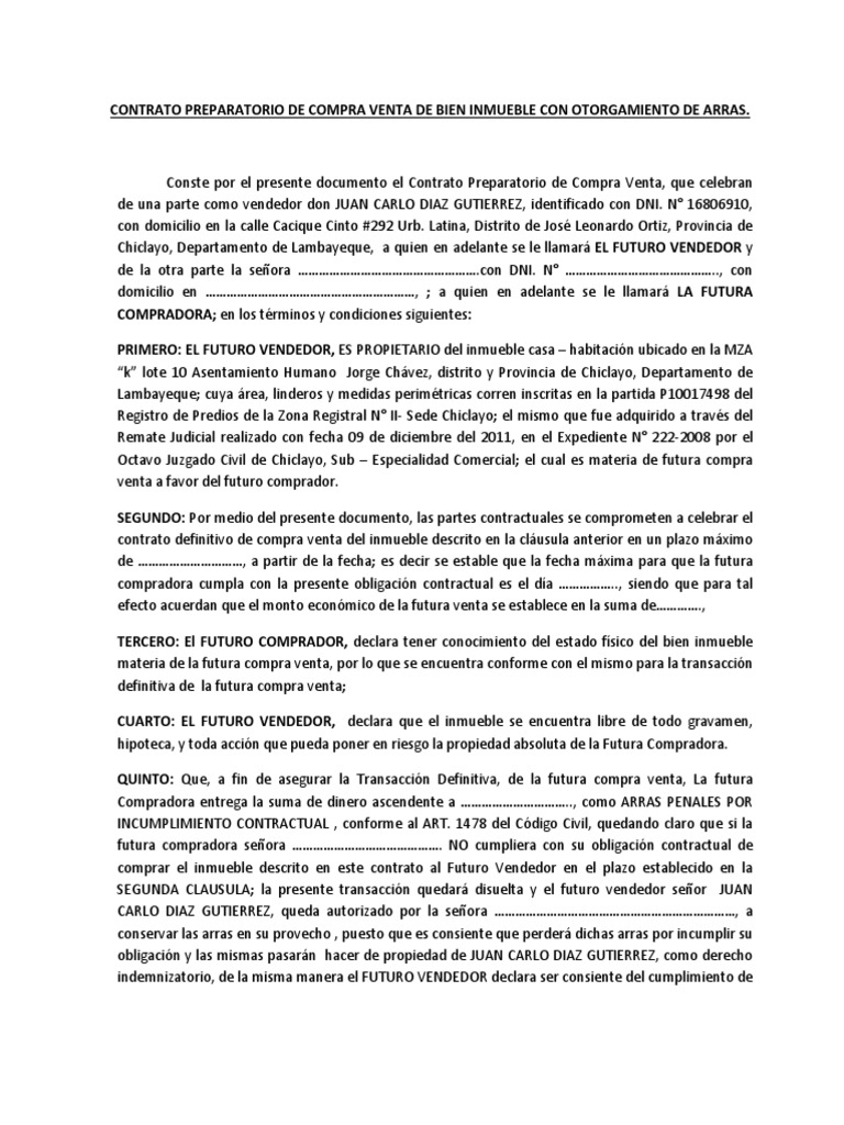 Contrato Preparatorio de Compra Venta de Bien Inmueble | PDF | Virtud | Ley común