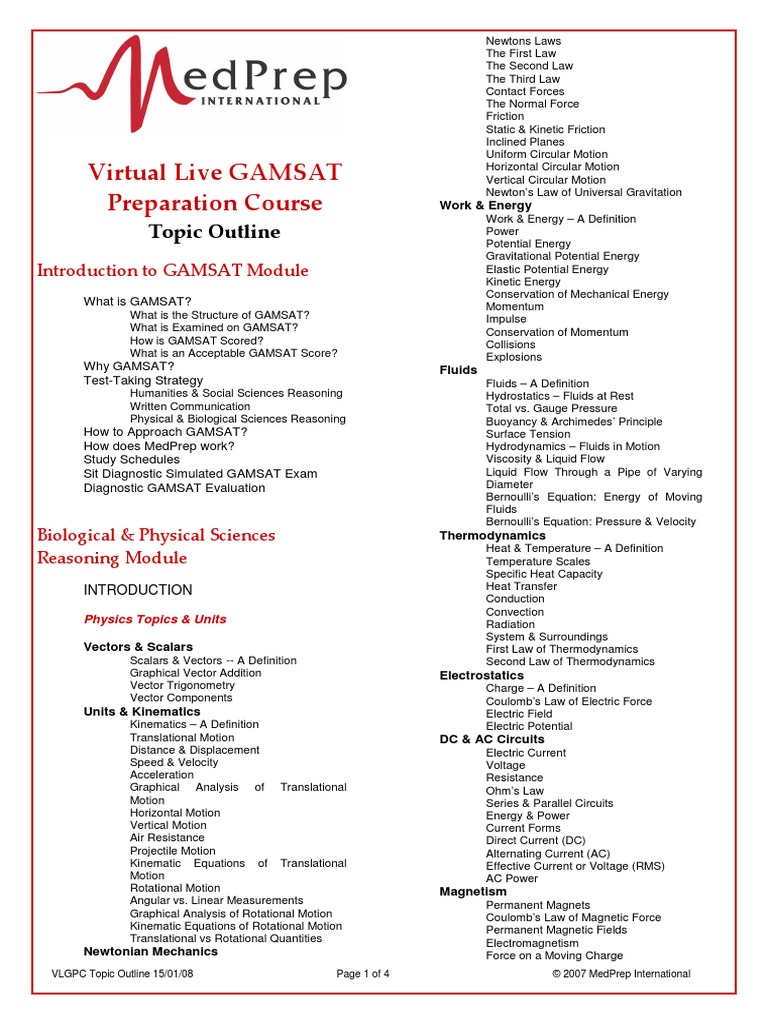 Virtual Live GAMSAT Preparation Course: Topic Outline | PDF | Chemical ...