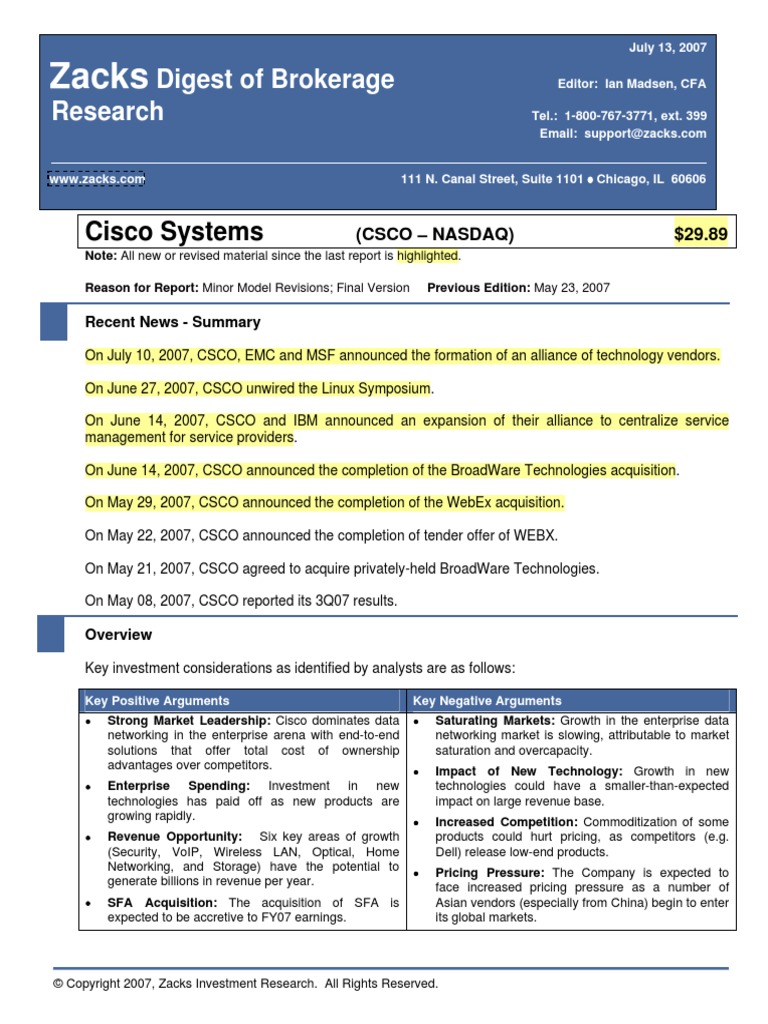 Zacks: Cisco Systems | PDF | Cisco Systems | Computer Network
