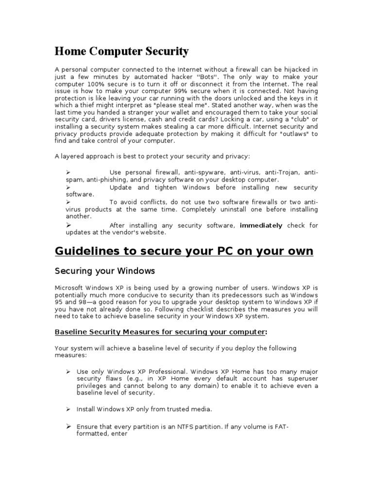 Home Computer Security: Guidelines To Secure Your PC On Your Own | PDF ...