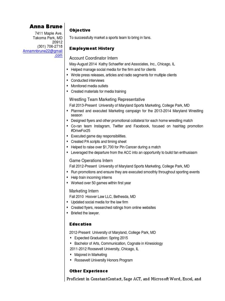 Sports Marketing Resume of Anna Brune | PDF