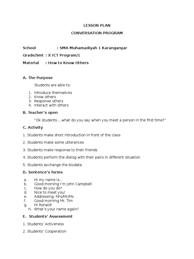 Lesson Plan Conversation Program | PDF | Pedagogy | Teaching