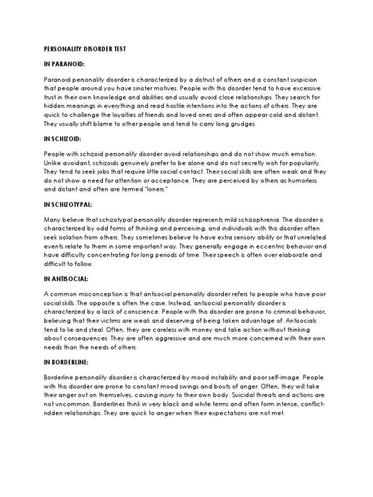 Personality Disorder Test | PDF | Personality Disorder | Borderline ...