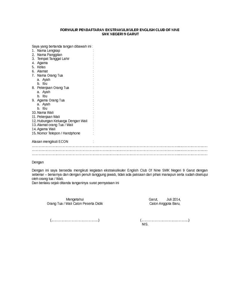 Formulir Pendaftaran English Club | PDF