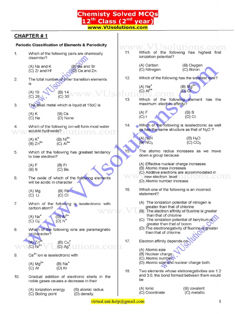 Chemistry FSC 2nd Year Solved MCQs Notes | PDF