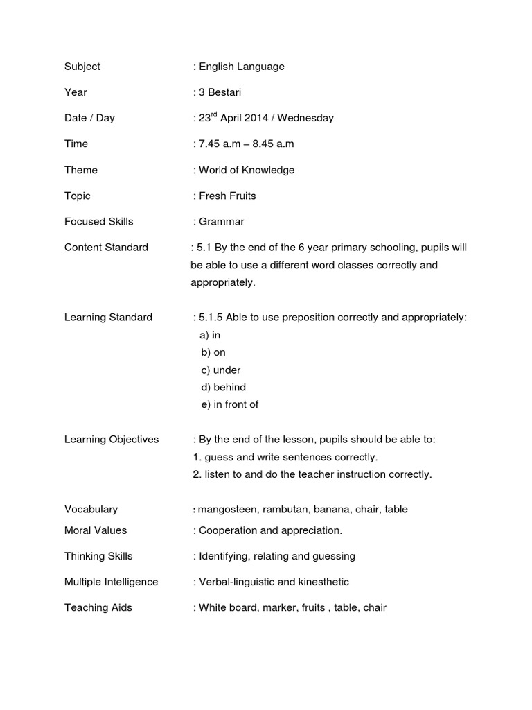 LESSON PLAN Grammar Fresh Fruits | PDF | Lesson Plan | Cognition