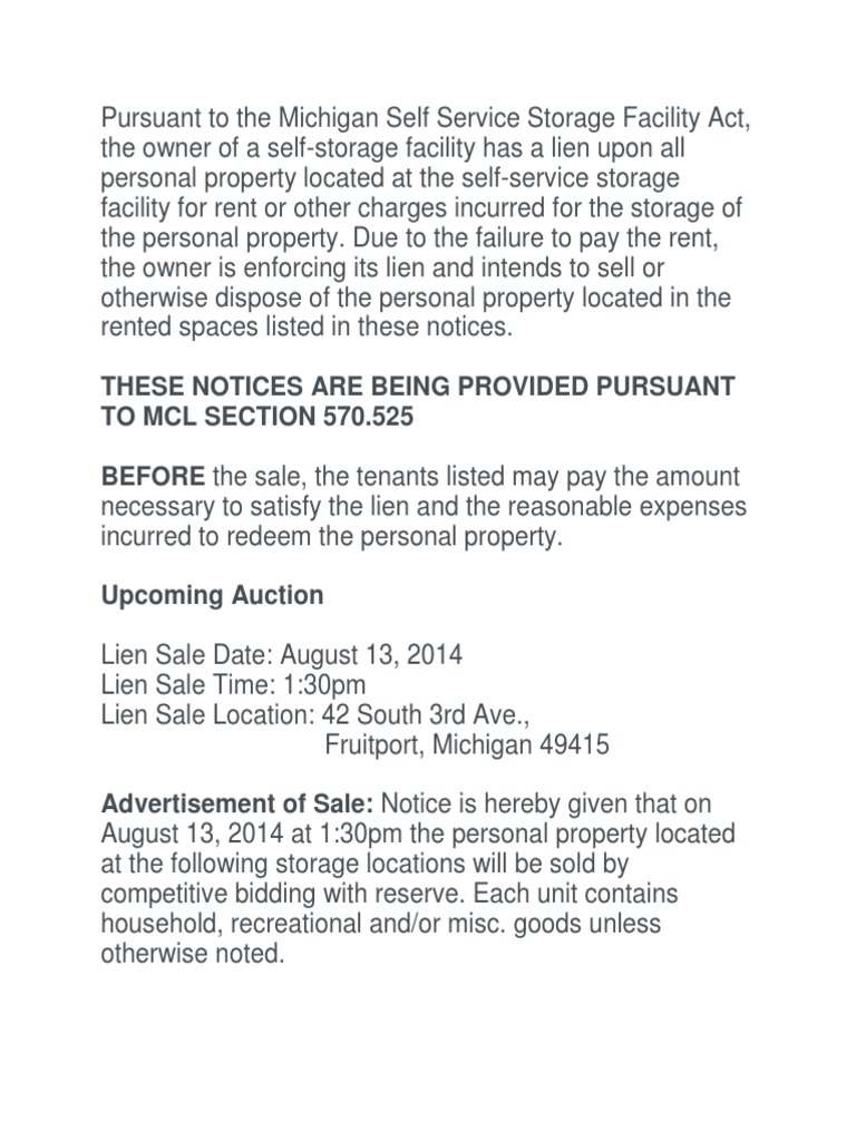 Michigan Self-Storage Lien Sale Notice | PDF | Urban | Civil Law ...