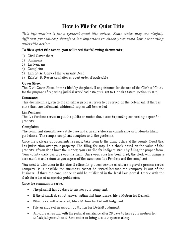 Quiet Title Filing Guide | PDF | Complaint | Legal Concepts