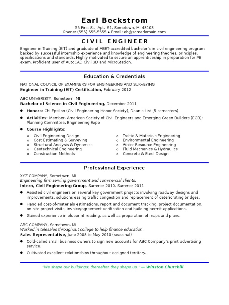 Sample Resume Civil Engineer Entry Level | PDF