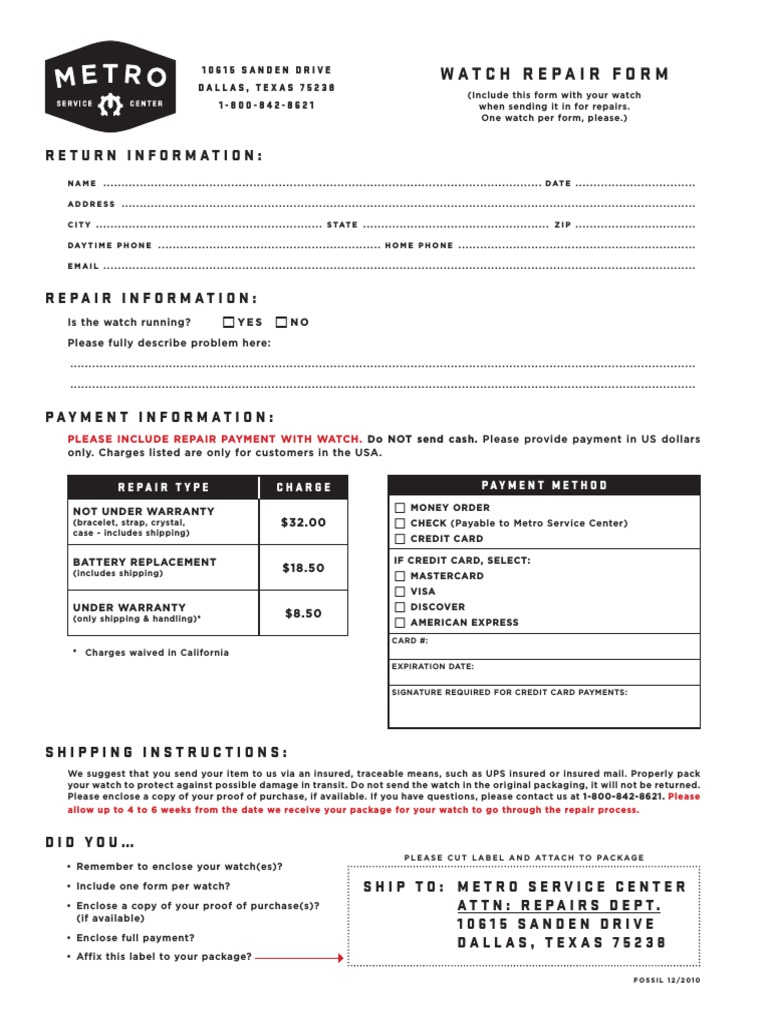 Watch Repair Form | PDF | Visa Inc. | Credit Card