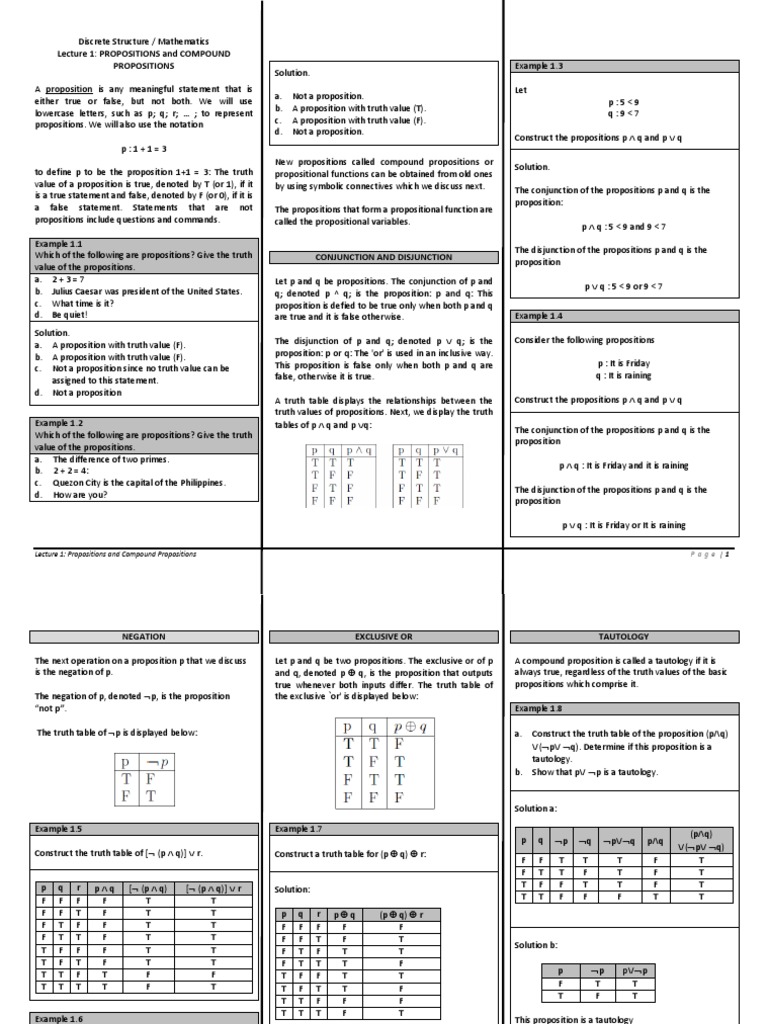 Discrete Mathematics - Lecture 1 - Propositions | PDF | Proposition | Metalogic