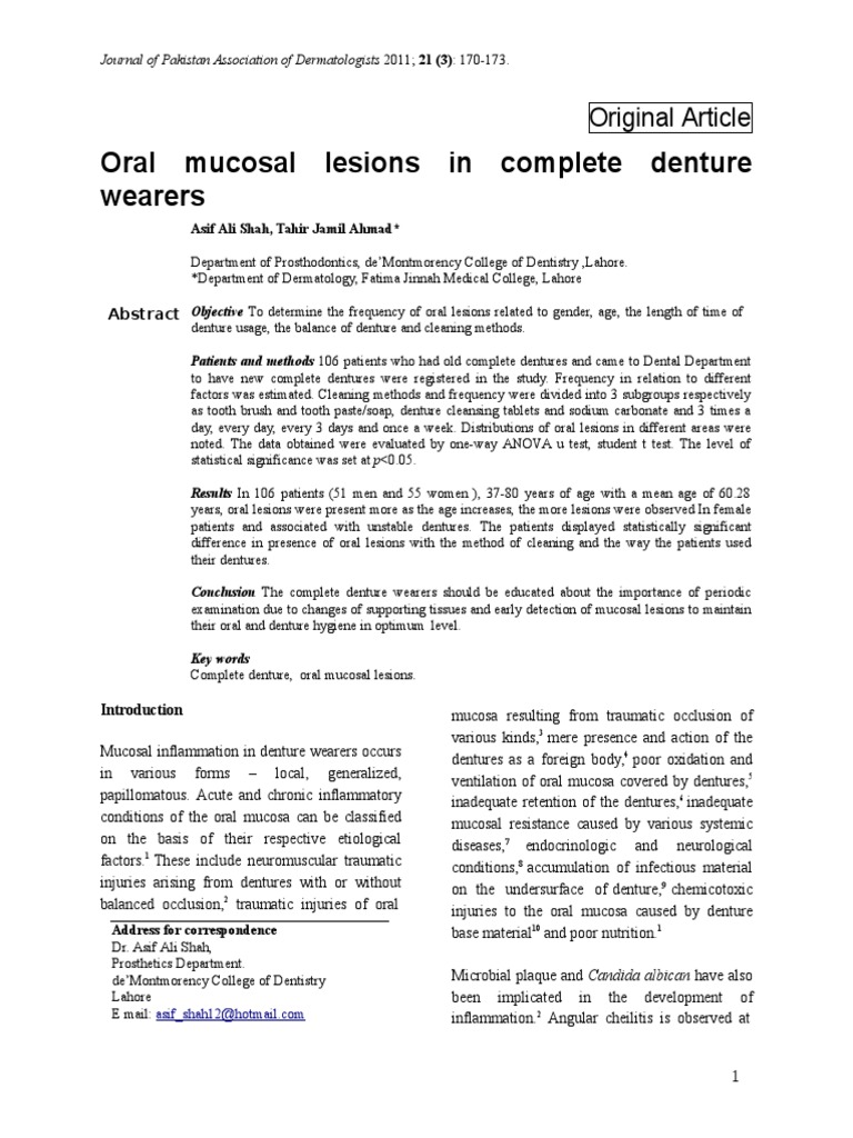 Original Article Oral Mucosal Lesions in Complete Denture Wearers | PDF ...