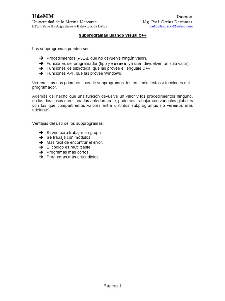 UdeMM Subprogramas | PDF | C ++ | Algoritmos y Estructuras de Datos