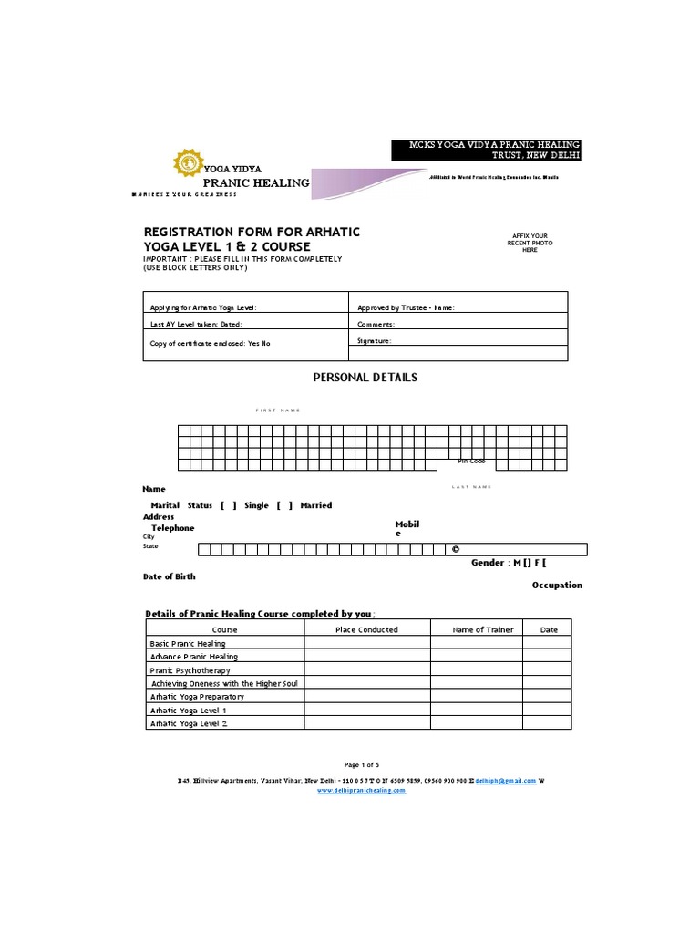 Pranic Healing: Registration Form For Arhatic Yoga Level 1 & 2 Course ...
