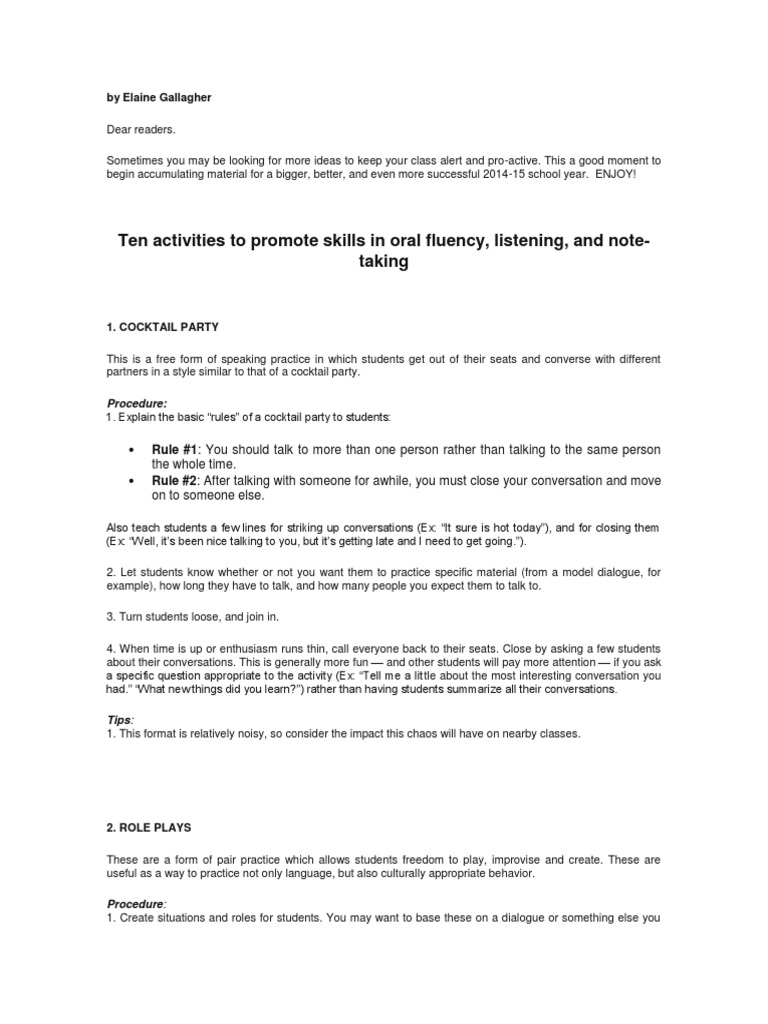Ten Activities To Promote Skills in Oral Fluency, Listening, and Note ...
