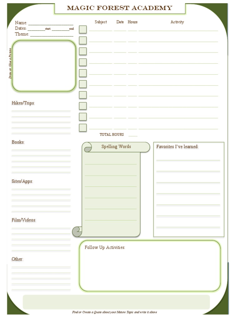 Magic Forest Academy Weekly Log | PDF