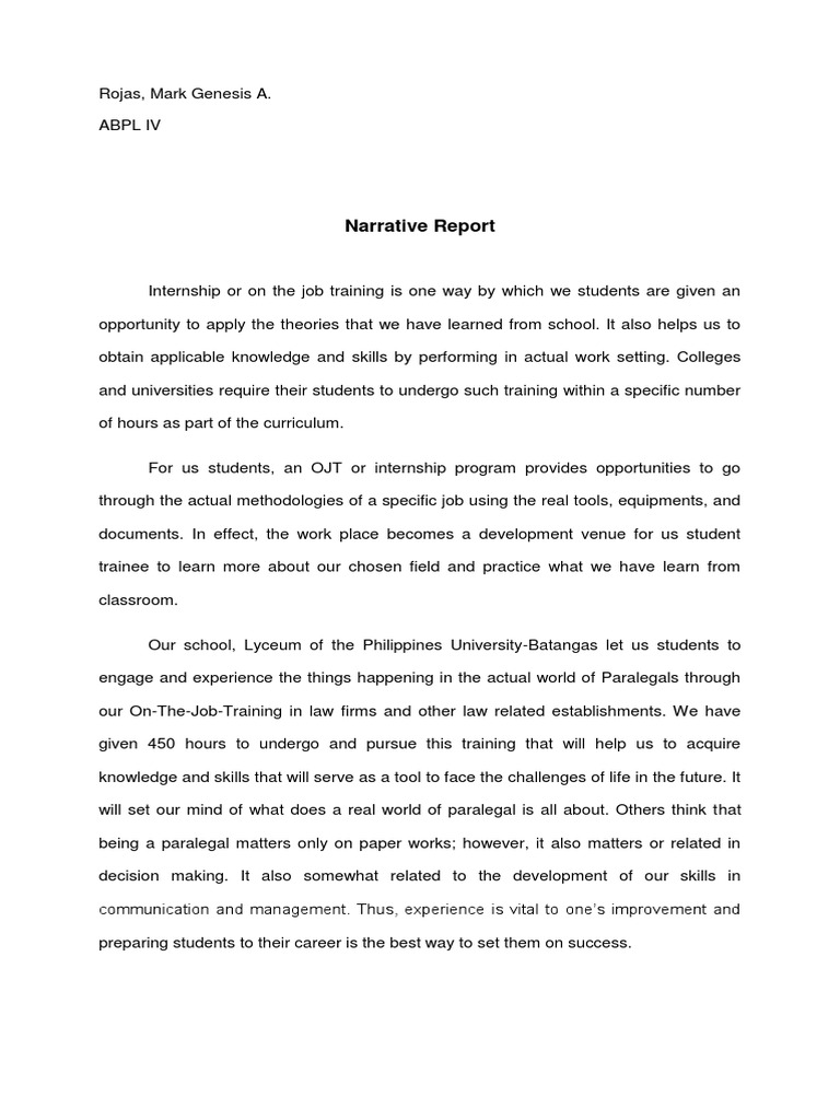 Narrative Report | PDF | Paralegal | Internship