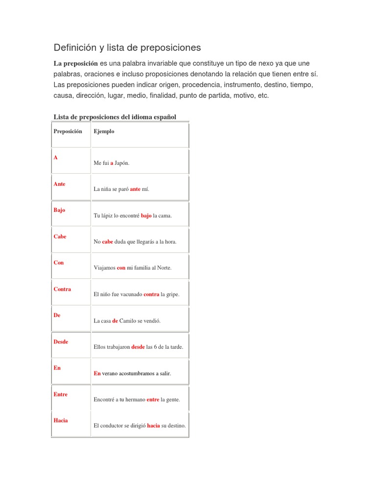 Definición y Lista de Preposiciones | PDF | Palabra | Oración (Lingüística)